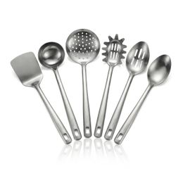 arendo K&uuml;chenhelfer-Set aus Edelstahl, 6-teilig, Wender, Kelle und 4 L&ouml;ffel, Aufh&auml;nge&ouml;sen, hitzebest&auml;ndig, sp&uuml;lmaschinengeeignet