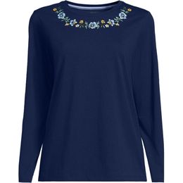 LANDS' END Supima Langarmshirt mit besticktem Rundausschnitt in Plus-Gr&ouml;&szlig;e, Damen, size: plus, Blau, Baumwolle, by Lands' End