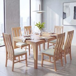 MCW 6er-Set Esszimmerstuhl HWC-M58, K&uuml;chenstuhl Lehnstuhl Stuhl, Stoff/Textil Massiv-Holz ~ helles Gestell, creme