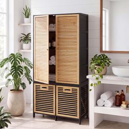 Bambus-Badezimmerschrank MCW-N83, Badregal Schrank, 2 W&auml;schek&ouml;rbe T&uuml;ren MVG 168x82x34cm ~ natur-schwarz, Korb anthrazit
