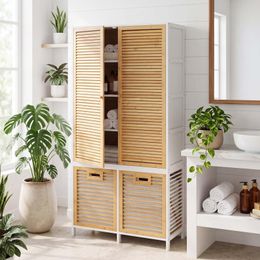 Bambus-Badezimmerschrank MCW-N83, Badregal Schrank, 2 W&auml;schek&ouml;rbe T&uuml;ren MVG 168x82x34cm ~ natur-wei&szlig;, Korb natur