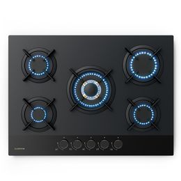 Klarstein Goldflame Nano Gaskochfeld 5 Messingbrenner 8 kW Nano-Beschichtung LPG/Erdgas Schwarz 5 Brenner