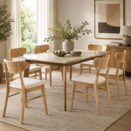 6er-Set Esszimmerstuhl MCW-M59, K&uuml;chenstuhl Stuhl, Stoff/Textil Massiv-Holz ~ helles Gestell, creme
