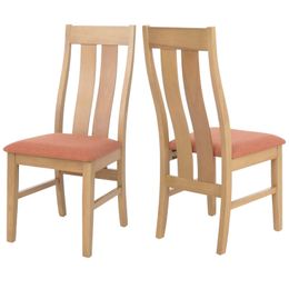 2er-Set Esszimmerstuhl MCW-M58, K&uuml;chenstuhl Lehnstuhl Stuhl, Stoff/Textil Massiv-Holz ~ helles Gestell, terrakotta