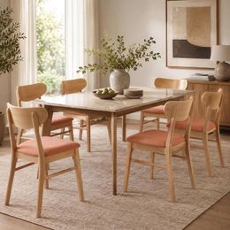 6er-Set Esszimmerstuhl MCW-M59, K&uuml;chenstuhl Stuhl, Stoff/Textil Massiv-Holz ~ helles Gestell, terrakotta