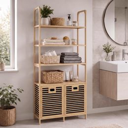 Bambus-Badezimmerschrank MCW-N83, Regal Badschrank, 2 W&auml;schek&ouml;rbe 4 Regalb&ouml;den MVG 168x81x33cm ~ natur, Korb anthrazit