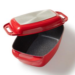 Stoneline Br&auml;ter Induktion 43 x 26 cm, 7,8 L, Br&auml;ter mit Deckel backofengeeignet, Deckel als Auflaufform verwendbar, Aluguss Br&auml;ter mit Antihaft-Beschichtung aus echten Steinpartikeln, Rot