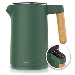 arendo Edelstahl-Wasserkocher 1,5 l, 2200 W, Doppelwand, Temperaturwahl, Warmhaltefunktion und Griff in Holzoptik, gr&uuml;n