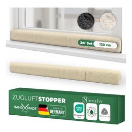 Zugluftstopper f&uuml;r Fenster 120cm Natur Schurwolle - stoppt Zugluft & K&auml;lte , d&auml;mpft L&auml;rm/Staub/Licht , rutscharm , ohne Bohren; f&uuml;r Fensterbank/Rahmen , Spalt abdichten , Innenbereich , 2er-Set