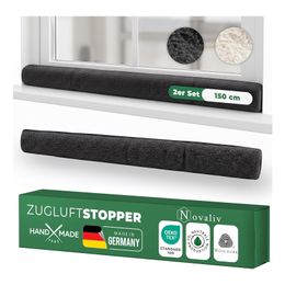 Zugluftstopper f&uuml;r Fenster 150cm Anthrazit Schurwolle - stoppt Zugluft & K&auml;lte , d&auml;mpft L&auml;rm/Staub/Licht , rutscharm , ohne Bohren; f&uuml;r Fensterbank/Rahmen , Spalt abdichten , Innenbereich , 2er-Set