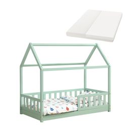 Juskys Kinderbett Marli 80 x 160 cm mit Matratze, Gitter, Lattenrost & Dach - Bett Mint