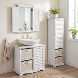 Badezimmerset MCW-H20, Badm&ouml;bel-Set Hochschrank Waschbeckenunterschrank Wandspiegel ~ shabby wei&szlig;