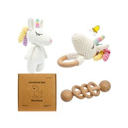 miniHeld Handgestricktes Einhorn Rainbow Set Babyrassel Holz Baumwolle 16 cm