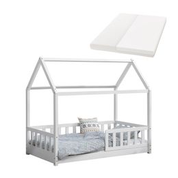 Juskys Kinderbett Marli 80 x 160 cm mit Matratze, Gitter, Lattenrost & Dach - Bett Wei&szlig;