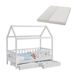 Juskys Kinderbett Marli 80 x 160 cm mit Matratze, Bettkasten, Gitter, Lattenrost & Dach - Bett Wei&szlig;