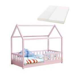 Juskys Kinderbett Marli 80 x 160 cm mit Matratze, Gitter, Lattenrost & Dach - Bett Rosa