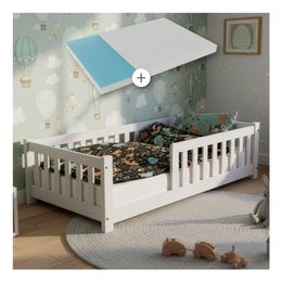 Juskys Kinderbett Naya 80x160 cm - Bett mit Matratze, Rausfallschutz & Lattenrost - Bodenbett Wei&szlig;
