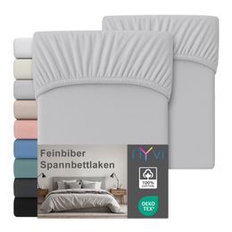 NYVI Feinbiber Spannbettlaken Deluxe f&uuml;r Matratzen bis 25 cm Stegh&ouml;he - Extra Warm & Weich, 100% Baumwolle, B&uuml;gelfrei, Vorgekrumpft Farbe:Silber;Gr&ouml;&szlig;e:140x200 cm (2er Set)