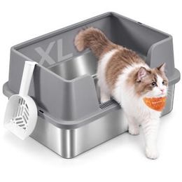 FEANDREA Katzenklo Edelstahl, Katzentoilette Offen, Hoher Rand dunkelgrau