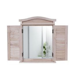 MCW Wandspiegel Spiegelfenster mit Fensterl&auml;den 53x42x5cm ~ naturbraun