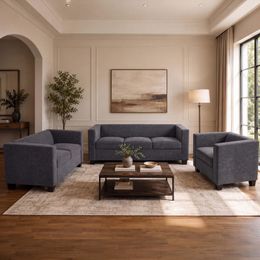 MCW 3-2-1 Sofagarnitur Lille, Couchgarnitur Loungesofa Nosagfederung Stoff/Textil Chenille (260g/m&sup2;) ~ dunkelgrau