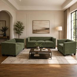 MCW 3-2-1 Sofagarnitur Lille, Couchgarnitur Loungesofa Nosagfederung Stoff/Textil Chenille (260g/m&sup2;) ~ gr&uuml;n