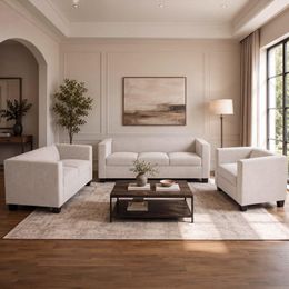 MCW 3-2-1 Sofagarnitur Lille, Couchgarnitur Loungesofa Nosagfederung Stoff/Textil Chenille (260g/m&sup2;) ~ beige