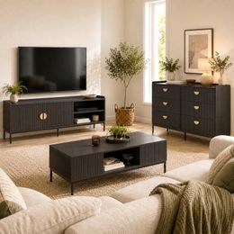Wohnzimmer-Set MCW-O39, TV-Rack Kommode Couchtisch, Ablage Schubladen, Melamin MDF ~ Holzoptik schwarz
