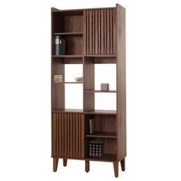 B&uuml;cherregal MCW-M48, B&uuml;cherschrank Hochschrank, Schiebet&uuml;r 8 Stauf&auml;cher MDF 178x75x35cm ~ Walnuss-Optik