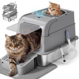 FEANDREA Katzenklo Edelstahl, geschlossen Katzentoilette, 2 Eing&auml;nge dunkelgrau