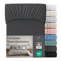 NYVI Feinbiber Spannbettlaken Deluxe f&uuml;r Matratzen bis 25 cm Stegh&ouml;he - Extra Warm & Weich, 100% Baumwolle, B&uuml;gelfrei, Vorgekrumpft Farbe:Anthrazit;Gr&ouml;&szlig;e:200x200 cm