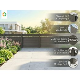 WPC-Sichtschutzzaun Valla &ndash; 5 Elemente mit 6 Pfosten &ndash; 130 cm H&ouml;he mit Dekorelement &ndash; Grau