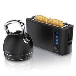 arendo Fr&uuml;hst&uuml;cks-Set Edelstahl Wasserkocher 1,7l, 2-Scheiben Langschlitz Toaster, schwarz (2-tlg), Fr&uuml;hst&uuml;cksset, Wasserkocher Retro, 2200W