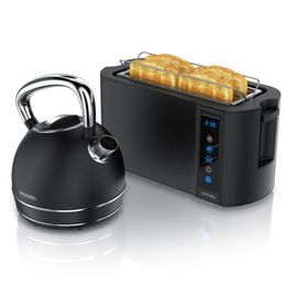arendo Fr&uuml;hst&uuml;cks-Set Edelstahl Wasserkocher 1,7l, 4-Scheiben Langschlitz Toaster, schwarz (2-tlg), Fr&uuml;hst&uuml;cksset, Wasserkocher Retro