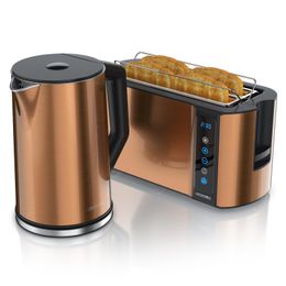 arendo Fr&uuml;hst&uuml;cks-Set Edelstahl Wasserkocher 1,5l, 4-Scheiben Langschlitz Toaster, kupfer (2-tlg), Wasserkocher mit Temperatureinstellung