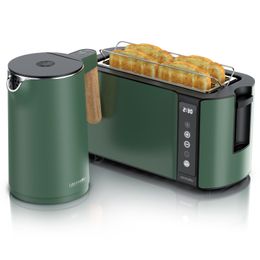 arendo Fr&uuml;hst&uuml;cks-Set Edelstahl Wasserkocher 1,5l, 4-Scheiben Langschlitz Toaster, gr&uuml;n (2-tlg), Wasserkocher mit Temperatureinstellung