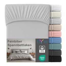 NYVI Feinbiber Spannbettlaken Deluxe f&uuml;r Matratzen bis 25 cm Stegh&ouml;he - Extra Warm & Weich, 100% Baumwolle, B&uuml;gelfrei, Vorgekrumpft Farbe:Silber;Gr&ouml;&szlig;e:200x200 cm
