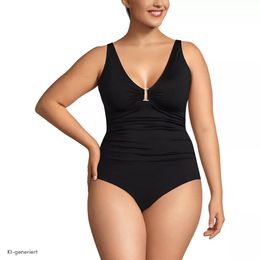 LANDS' END Badeanzug mit Ringdetail und V-Ausschnitt f&uuml;r Damen in Plus-Gr&ouml;&szlig;e, Damen, size: plus, Schwarz, Nylon-Mischung, by Lands' End