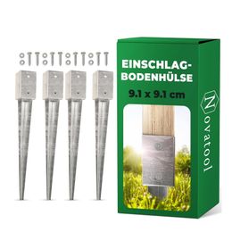 Novatool 4x Einschlagbodenh&uuml;lsen-Set 91x91x750 mm , Bodenh&uuml;lse Sonnenschirm Pfostentr&auml;ger Zaunpfosten Holzpfosten Bodenh&uuml;lsen Einschlagh&uuml;lse Bodenanker Erdspie&szlig; zum Einschlagen , verzinkt , mit Schrauben