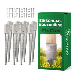 Novatool 8x Einschlagbodenh&uuml;lsen-Set 71x71x750 mm , Bodenh&uuml;lse Sonnenschirm Pfostentr&auml;ger Zaunpfosten Holzpfosten Bodenh&uuml;lsen Einschlagh&uuml;lse Bodenanker Erdspie&szlig; zum Einschlagen , verzinkt , mit Schrauben