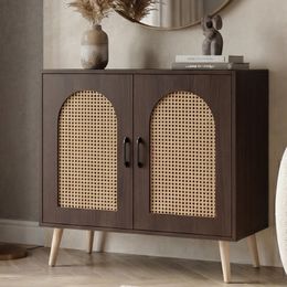Kommode MCW-P51, Schrank mit T&uuml;ren Anrichte Stauf&auml;cher, Poly-Rattan MDF Melamin 79x80x40cm ~ Walnuss-Optik