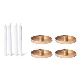 4X Kerzenhalter 9cm Metall Stabkerzenhalter Kerzenteller Gold mit Stabkerzen LED Premium Echtwachs Tafelkerzen Kerzenst&auml;nder Candle Holder Adventskranz weihnachtliche Tischdekoration