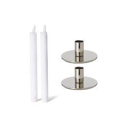 2er-Set Stabkerzenhalter Metall Silber 10x5cm mit LED-Stabkerze Echtwachs elektrisch batteriebetrieben flammenlos Vintage Kerzenhalter Retro Home Deko weihnachtliche Tischdeko Kerzenst&auml;nder