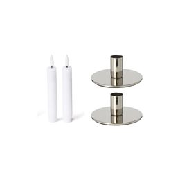 2er-Set Stabkerzenhalter Metall Silber 10x5cm mit LED-Stabkerze Premium flackerndem Licht Vintage Kerzenhalter Retro Home Deko weihnachtliche Tischdeko Kerzenst&auml;nder Kerzenpin Dekoschale