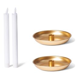 2er-Set Stabkerzenhalter Adventskranz rund Tafelkerzen Gold mit LED Premium Echtwachs Stabkerze flammenlos elektrisch Weihnachtsdekoration Candle Holder 15cm Metall Kerzenhalter Kerzenpick