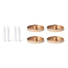 4X Kerzenhalter 9cm Metall Stabkerzenhalter Kerzenteller Gold mit Stabkerzen LED flammenlos batteriebetrieben Tafelkerzen Kerzenst&auml;nder Candle Holder weihnachtliche Tischdekoration
