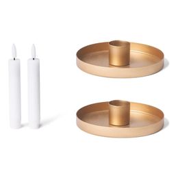 2X Stabkerzenhalter rund Metall Kerzenhalter Durchmesser 9cm matt Gold mit flammenloser LED-Kerze Stabkerze Kerzenpick Adventskranz scandic chic Kerzenteller Weihnachtsdekoration