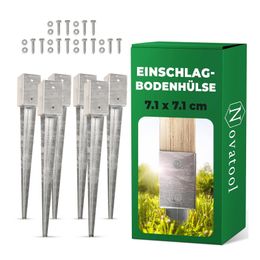 Novatool 6x Einschlagbodenh&uuml;lsen-Set 71x71x750 mm , Bodenh&uuml;lse Sonnenschirm Pfostentr&auml;ger Zaunpfosten Holzpfosten Bodenh&uuml;lsen Einschlagh&uuml;lse Bodenanker Erdspie&szlig; zum Einschlagen , verzinkt , mit Schrauben