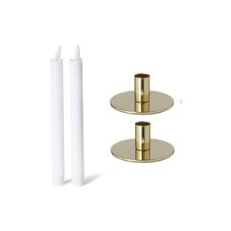 2er-Set Kerzenhalter Metall rund Gold 10x5cm mit LED Premium Echtwachskerzen Tafelkerze Flackereffekt weihnachtliche Tischdekoration Kerzenst&auml;nder Kerzenpin scandic chic Vintage Kerzenhalter