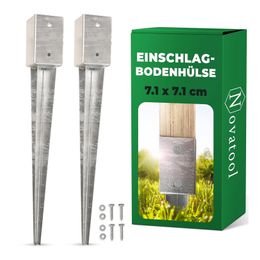 Novatool 2x Einschlagbodenh&uuml;lsen-Set 71x71x750 mm , Bodenh&uuml;lse Sonnenschirm Pfostentr&auml;ger Zaunpfosten Holzpfosten Bodenh&uuml;lsen Einschlagh&uuml;lse Bodenanker Erdspie&szlig; zum Einschlagen , verzinkt , mit Schrauben